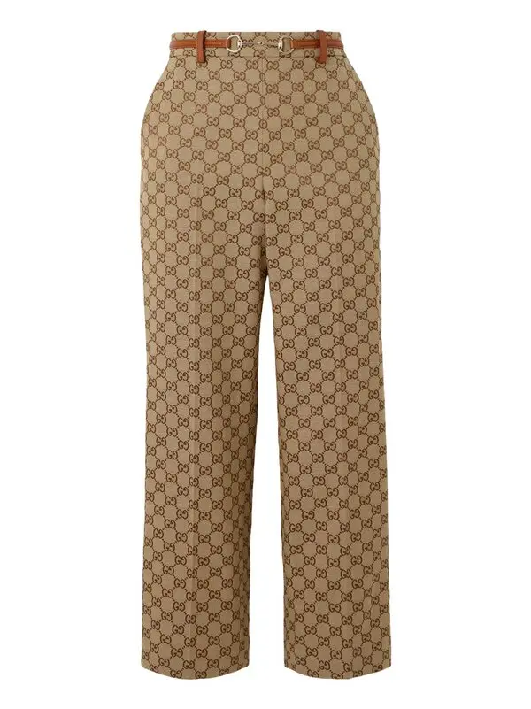 Gucci Belted Cropped Logo-jacquard Tapered Pants - Brown