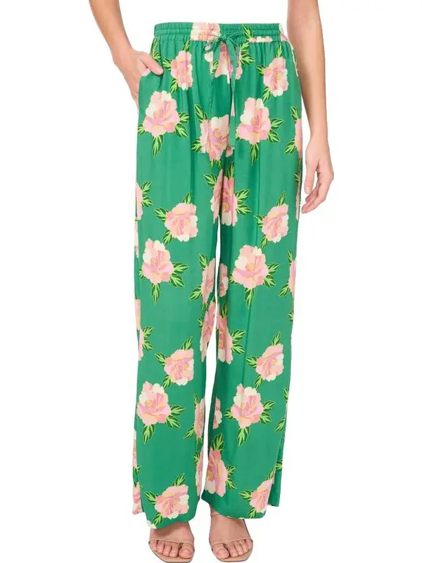 CECE DUPRAZ Floral Wide Leg Pants - Medium Green