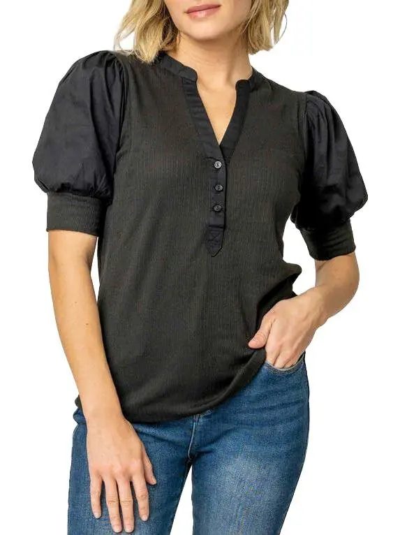 GIBSONLOOK Puff Sleeve Mixed Media Top - Black