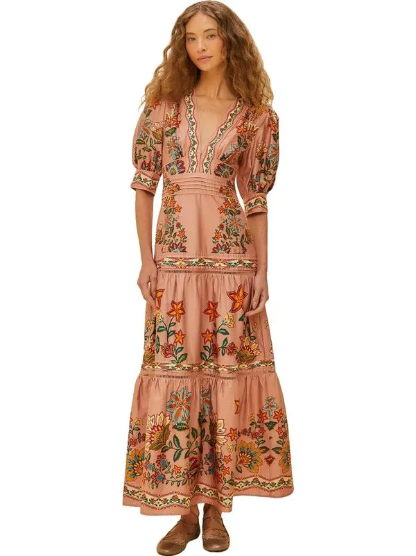 Farm Rio Floral Embroidered Maxi Dress - Garden Delight Pink