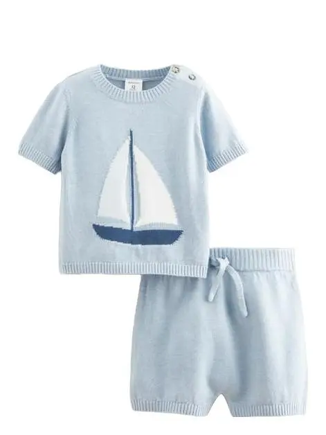 Nordstrom Motif Short Sleeve Cotton Blend Sweater & Shorts Set - Blue Fog Mellow Sailboat