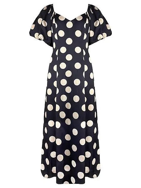 RO&ZO Spot-print Puff-sleeve Woven Midi Dress - Ink