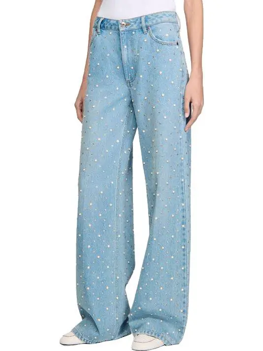 Sandro Rhinestone And Pearl Embellished Jeans - Blue Jean