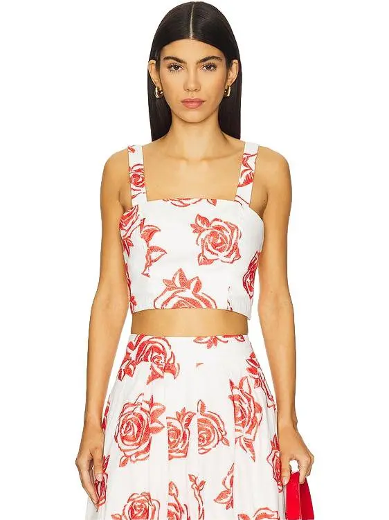 MILLY Rose Embroidery Square Neck Top - Red & White