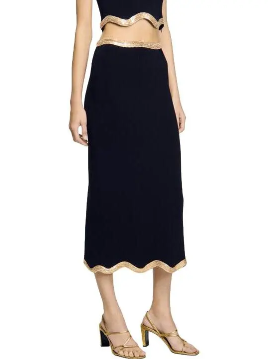 Sandro Long Knitted Skirt With Chain - Black