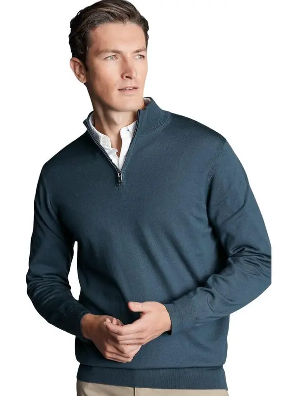CHARLES TYRWHITT Merino Wool Zip Neck Sweater - Aqua Green