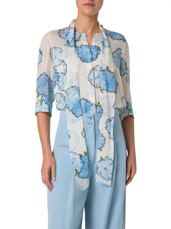 Akris Print Georgette Tie Neck Top - 071 Sky Multi