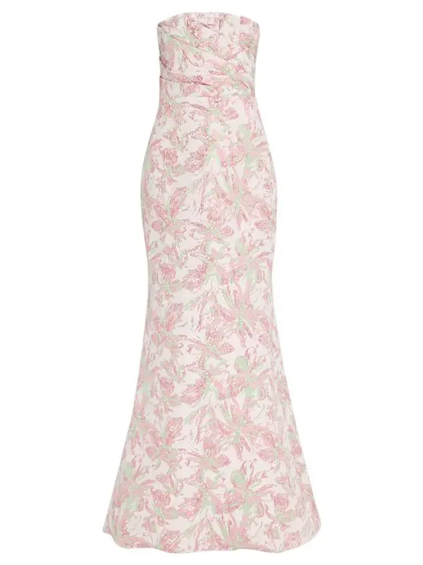 Badgley Mischka Strapless Pleated Jacquard Gown - Pink Multi