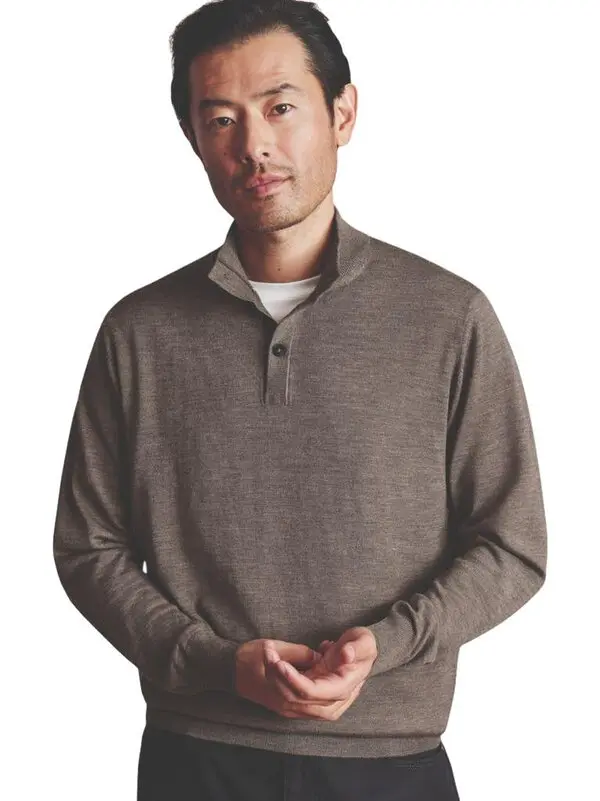 CHARLES TYRWHITT Pure Merino Button Neck Sweater - Mocha