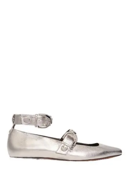 Maje Metallic Leather Mary Jane Flats - Silver