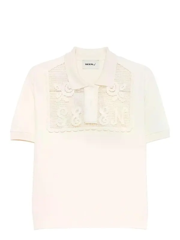 SEEN USERS Name Crochet Paneled Polo Top - Neutrals