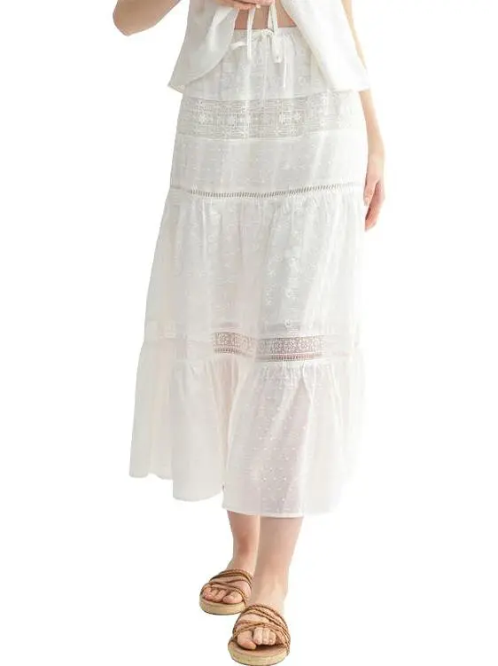 ALL IN FAVOR Lace Inset Embroidered Tiered Cotton Midi Skirt - Off White
