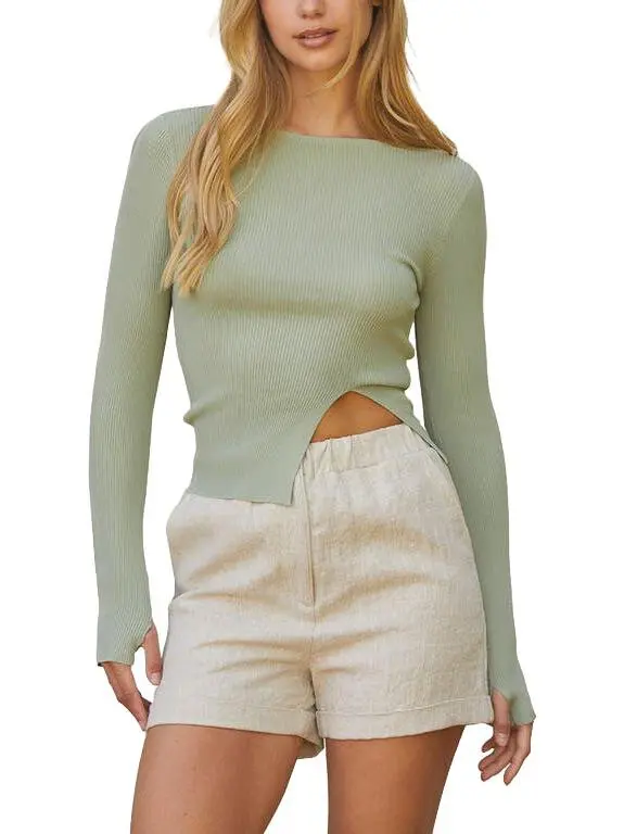 CRESCENT Front Split Knit Top - Eucalyptus