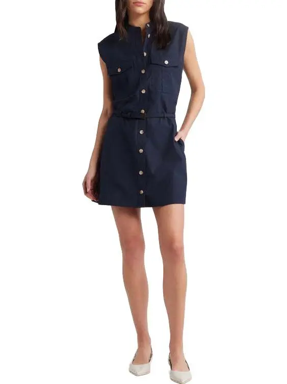 FRAME Cap Sleeve Cotton Safari Shirt Dress - Navy