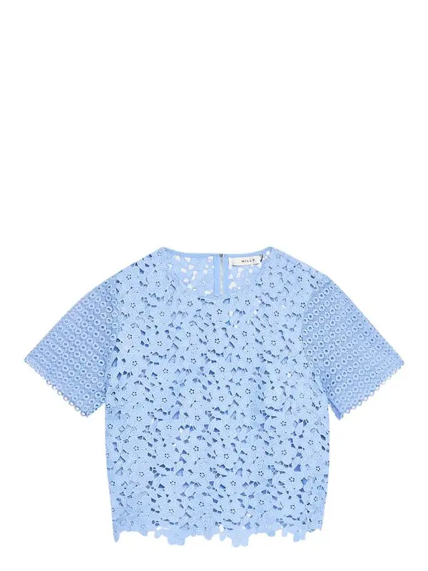 MILLY Floral And Geometric Lace Top - Sky Blue