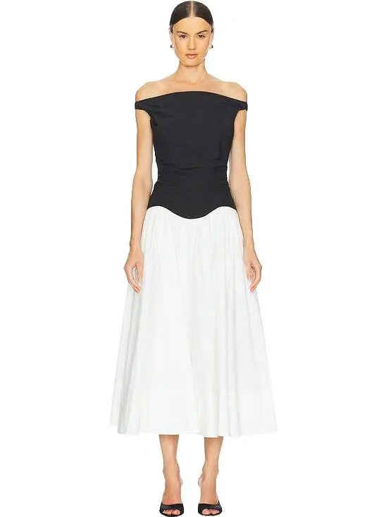 Simkhai Cersei Off Shoulder Midi Dress - White Black Multi