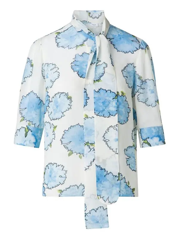 Akris Tie-neck Carnation Print Blouse - Sky-multi