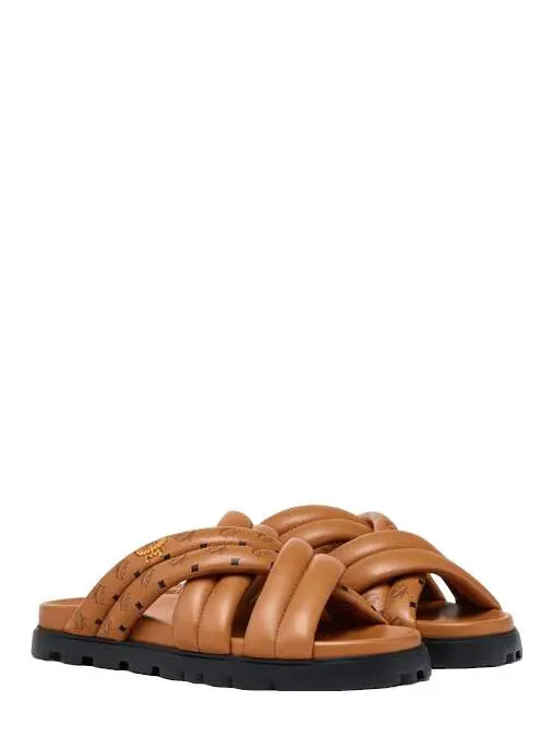 Mcm Monogram Lamb Leather Cross Slides - Cognac