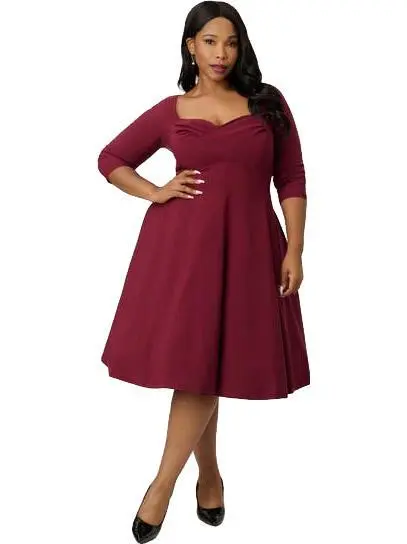 Unique Vintage Pleated Bust Swing Dress - Burgundy