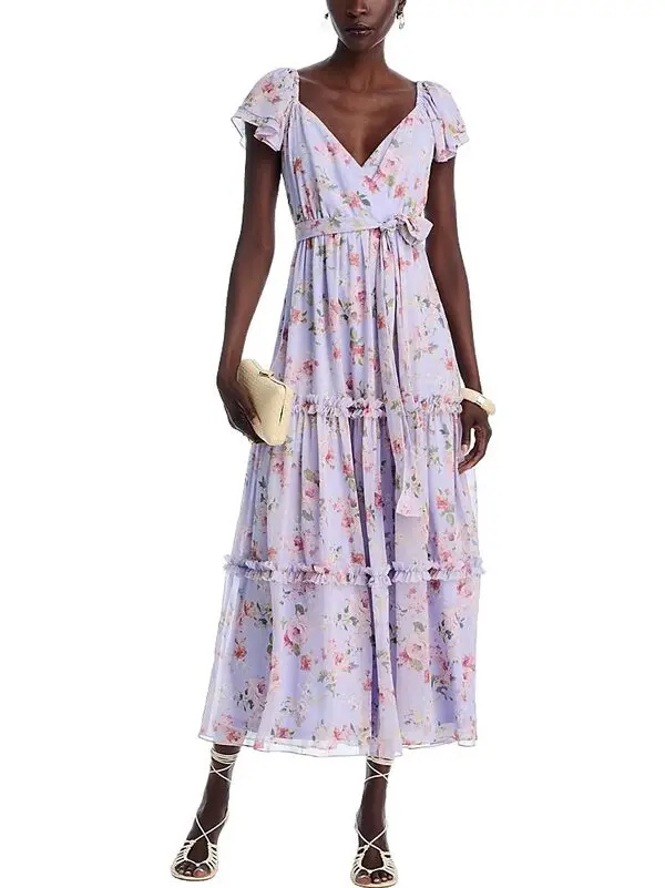 Aqua Floral Flutter Sleeve Maxi Dress Exclusive - Lilac