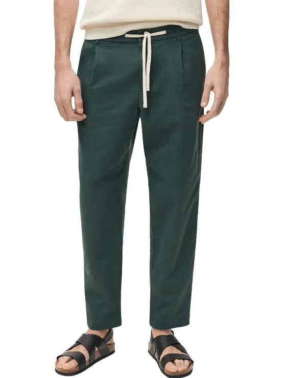 Mango Slim Fit Linen & Cotton Drawstring Pants - Dark Green