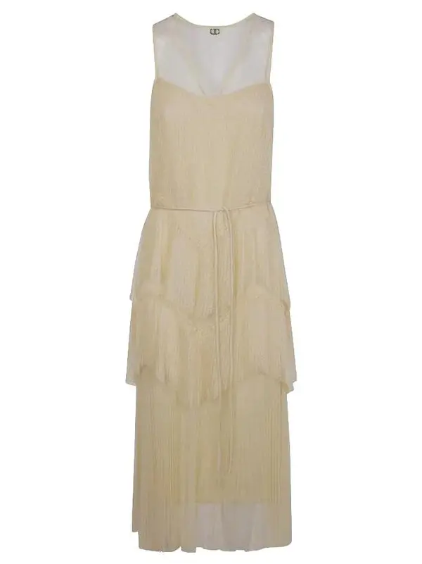 TWINSET Long Dress In Point D'esprit Tulle With Lace Inserts - Yellow