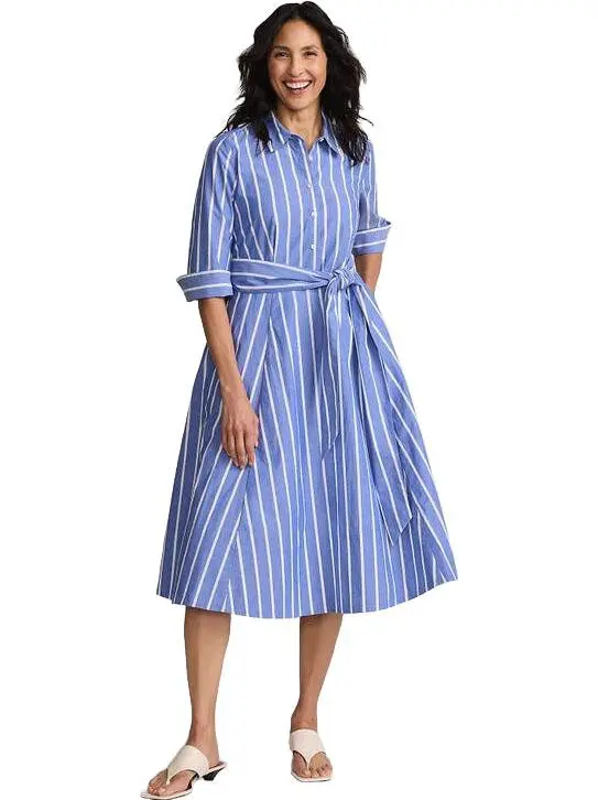 LANDS' END Poplin Midi Wrap Front Dress - Sapphire Gem Blue Broad Stripe