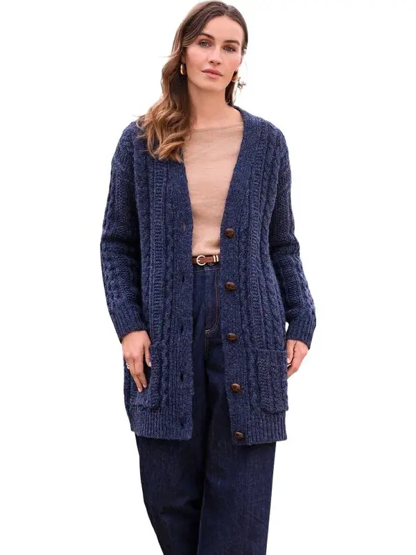 CELTIC & CO. Relaxed Fit Cable Knit Cardigan - Navy Marl