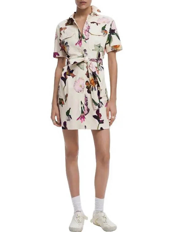Desigual Floral Belted Mini Shirt Dress - Light Beige