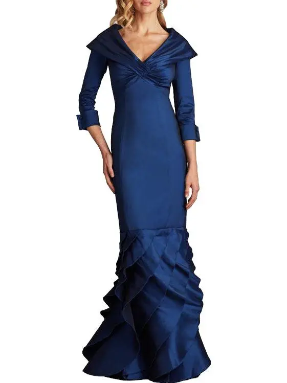Tadashi Shoji Ruffle Detail Fit & Flare Taffeta Gown - Navy