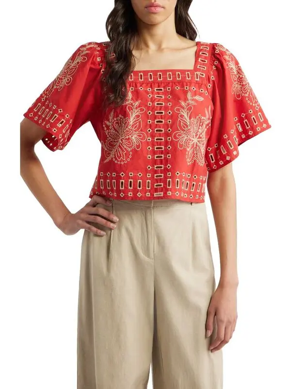 Rails Laine Embroidered Eyelet Cotton Top - Terracotta