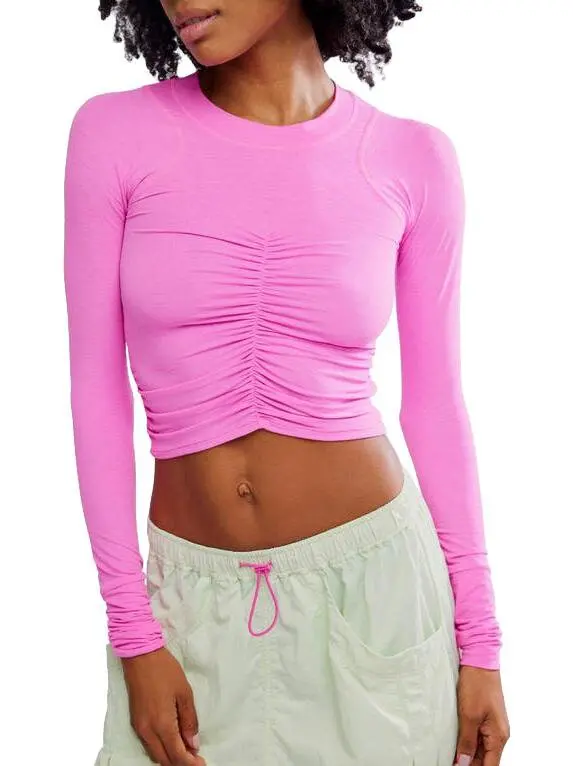 Free People Mile A Minute Ruched Crop Top - Fuchsia Flirt