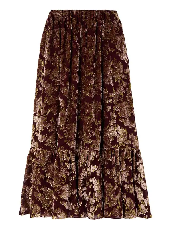 Saint Laurent Tiered Metallic Devoré-velvet Maxi Skirt - Burgundy