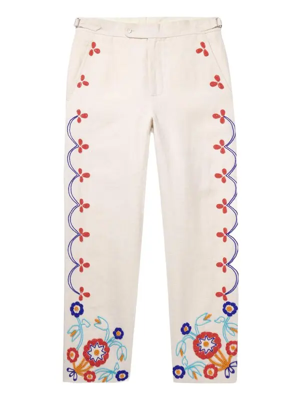 BODE Garden Party Bead-embellished Linen Trousers - Neutrals