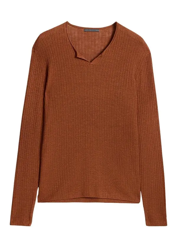John Varvatos Egor Open-neck Ribbed Henley Shirt - Hazelnut