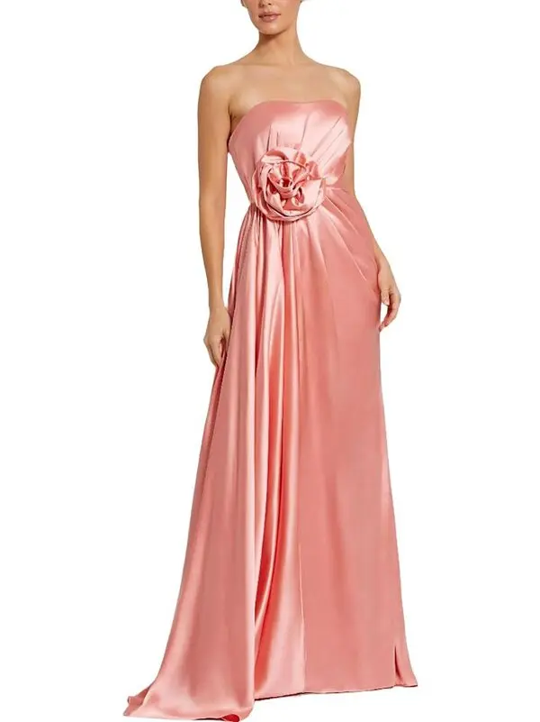 Mac Duggal Strapless Satin Gown With 3d Flower - Coral