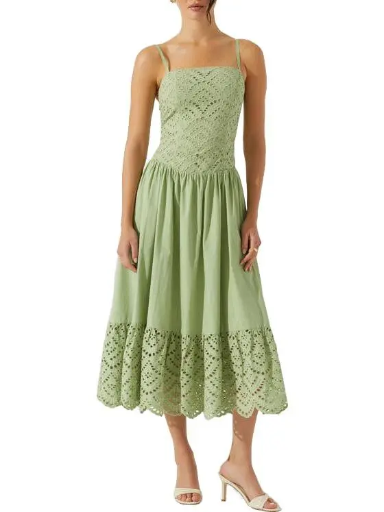 Astr The Label Nathalia Eyelet Embroidered Cotton Midi Dress - Sage