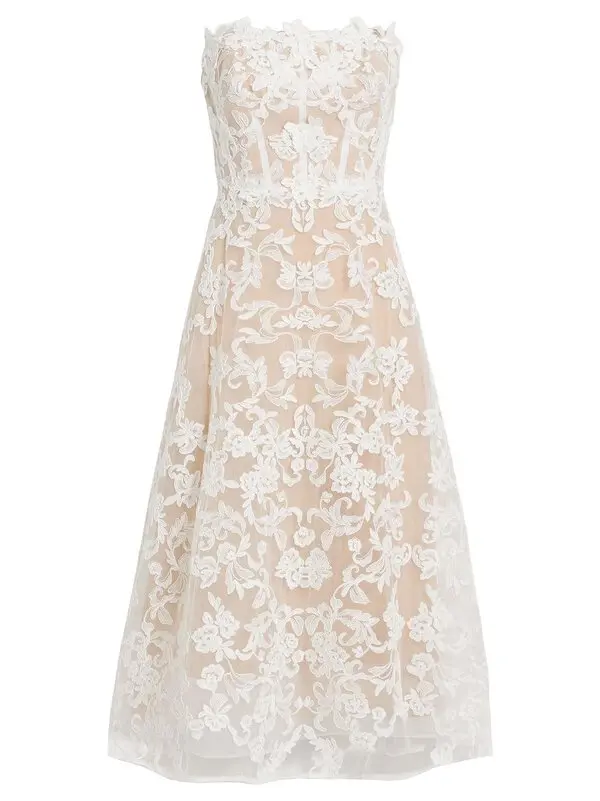 Marchesa Strapless Floral-appliquéd Corded Lace Midi Dress - Ivory