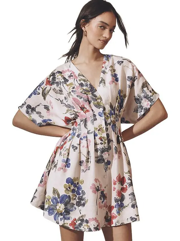EXQUISE Tobie Linen Pleated Mini Shirt Dress - Neutral Pattern