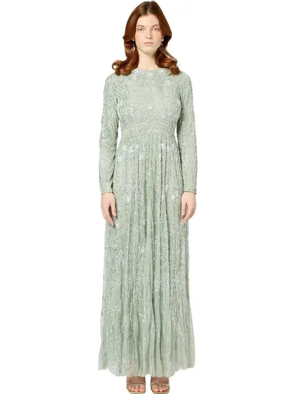 MARYISA Occasion Embellished Beaded Floral High Neck Gown - Sage Green