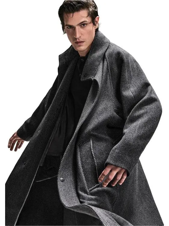 Giorgio Armani Long Coat In Chevron Jacquard Cashmere-blend Cloth - Natural