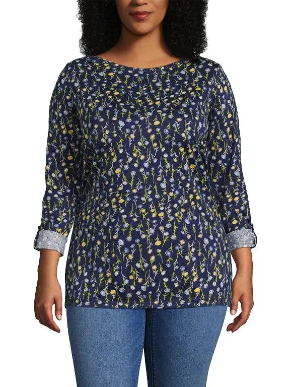 LANDS' END Supima Cotton Adjustable 3/4 Sleeve Boatneck Tunic - Deep Sea Navy Multi Daisy