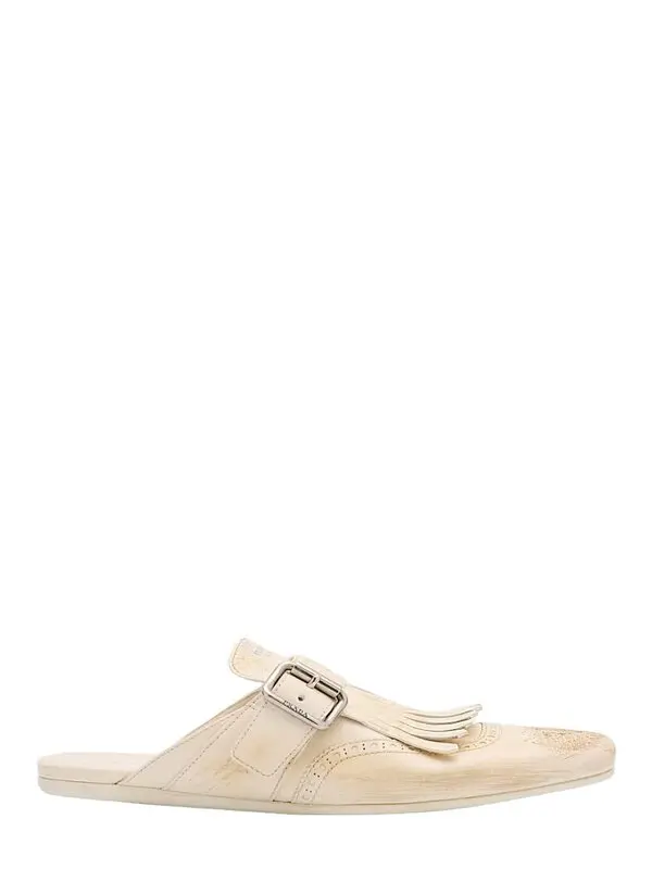 Prada Vitello Leather Fringe Loafers - Talco