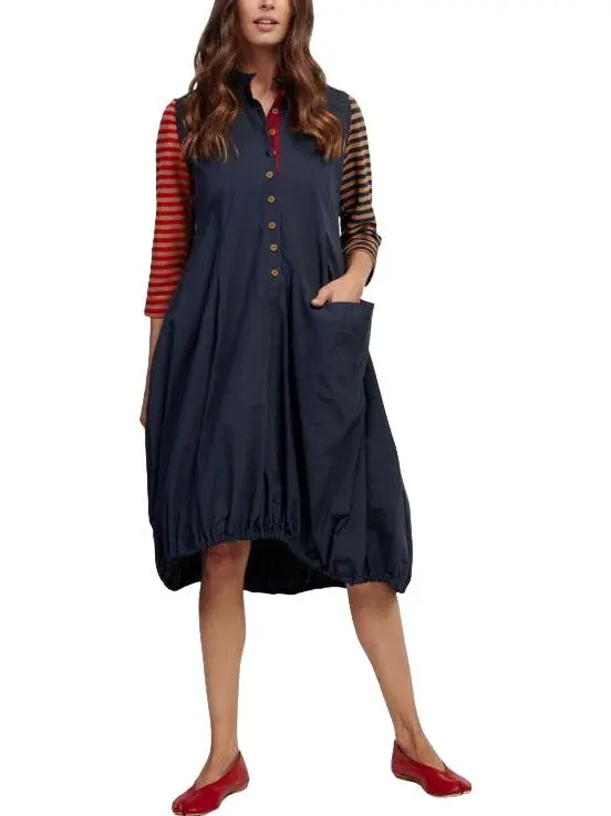 Alembika Mixed Media Shirt Dress With Balloon Skirting - Navy/red/camel
