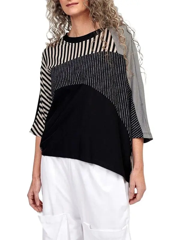 Alembika Jersey Stripes Patchwork Crew Neck Tee - Black/gray/ Beige Stripes