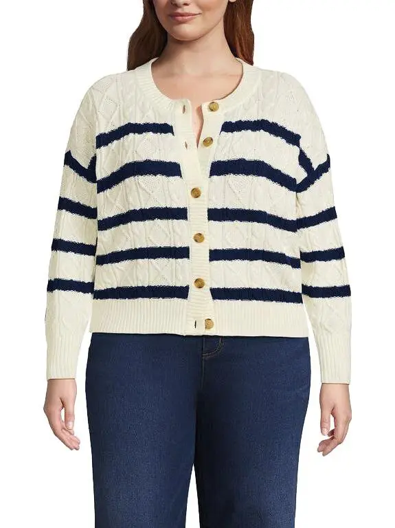 LANDS' END Drifter Relaxed Cable Cardigan Sweater - Ivory/deep Sea Gulf Stripe