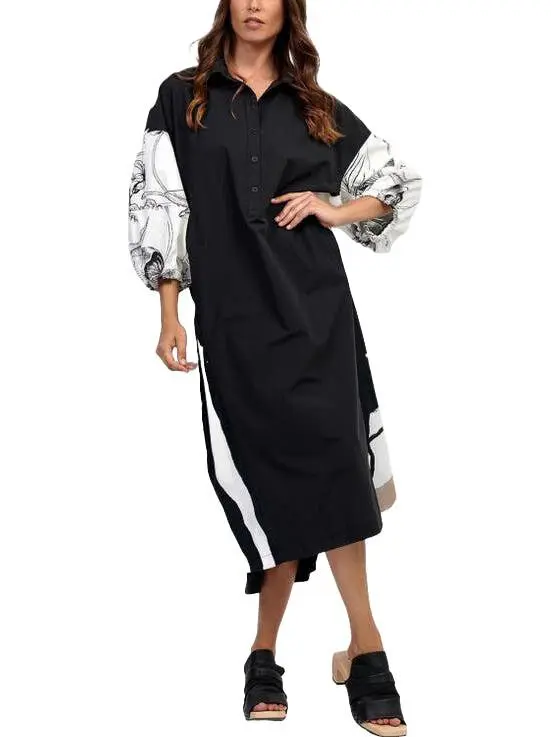 Alembika Oversized Shirt Dress With Puff Sleeves - Black/white