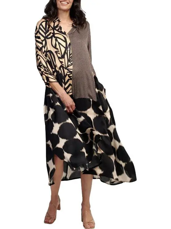 Alembika Serene Mixed Print Maxi Shirt-dress - Black/ Cream