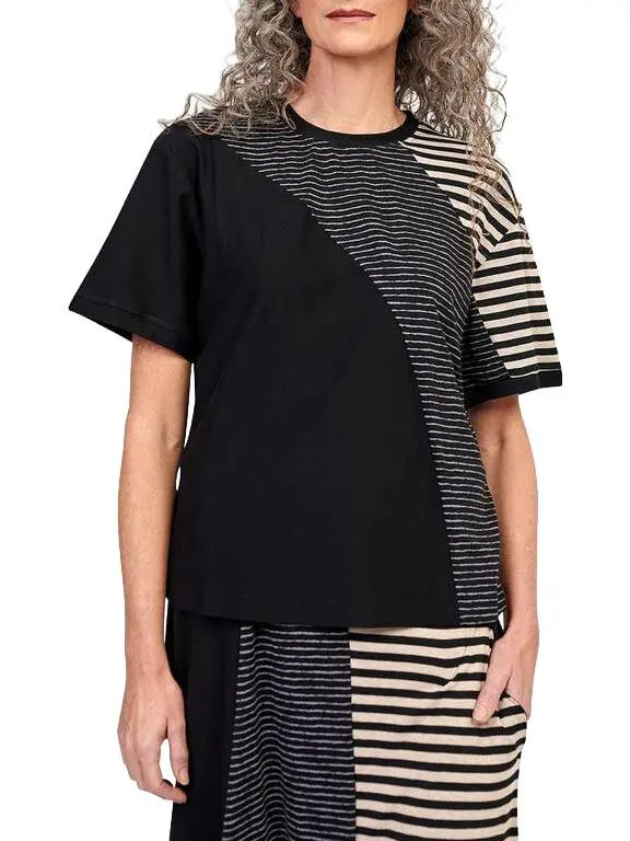 Alembika Sphere Patchwork Crewneck Tee - Black/beige Stripes
