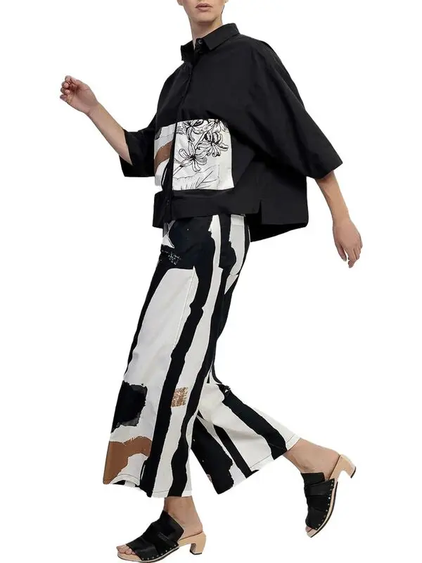 Alembika Boxy Button-up Shirt With Printed Pockets - Black/white